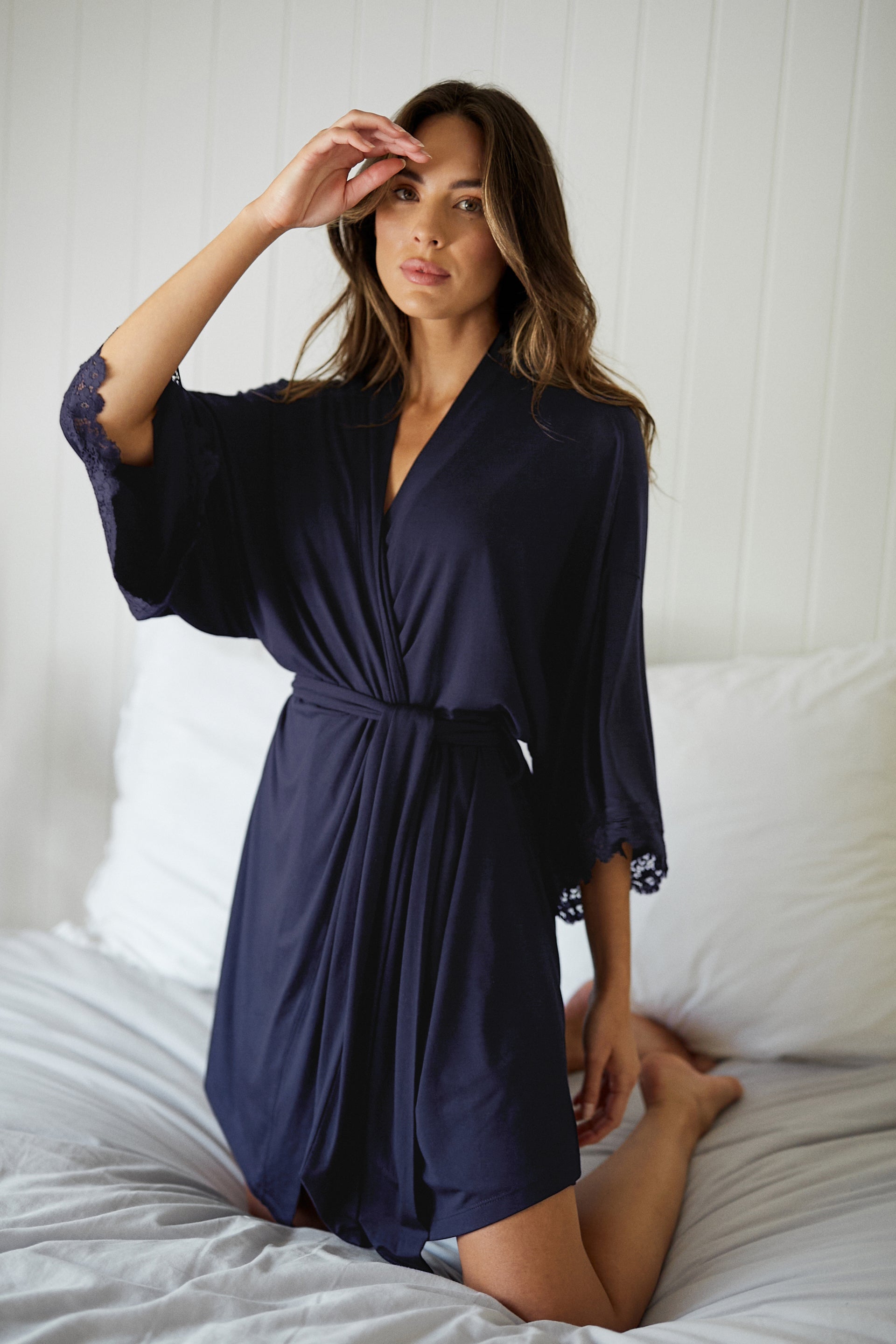 Lace Trim Modal Robe NAVY – UNE PIECE US